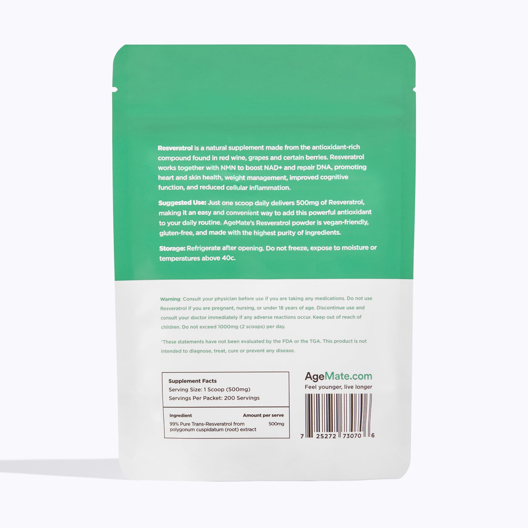 3-Pack of 100g Pure Resveratrol Powder for DNA Repair - AgeMate