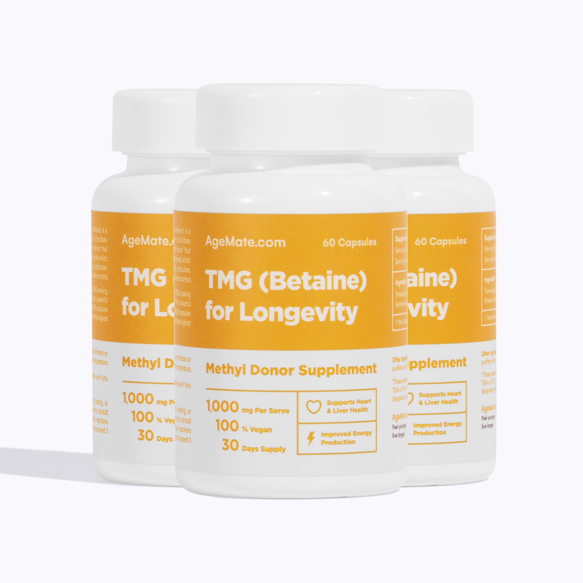 3-Pack of TMG (Betaine) for Methyl Donation (60 x 500mg Capsules) - AgeMate